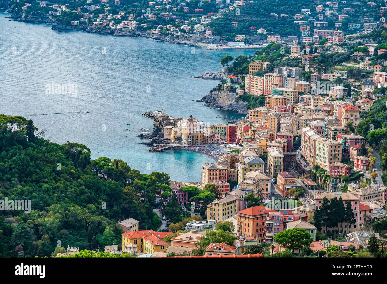 Aerial view of the village of Camogli on the italian Riviera in Italy ...