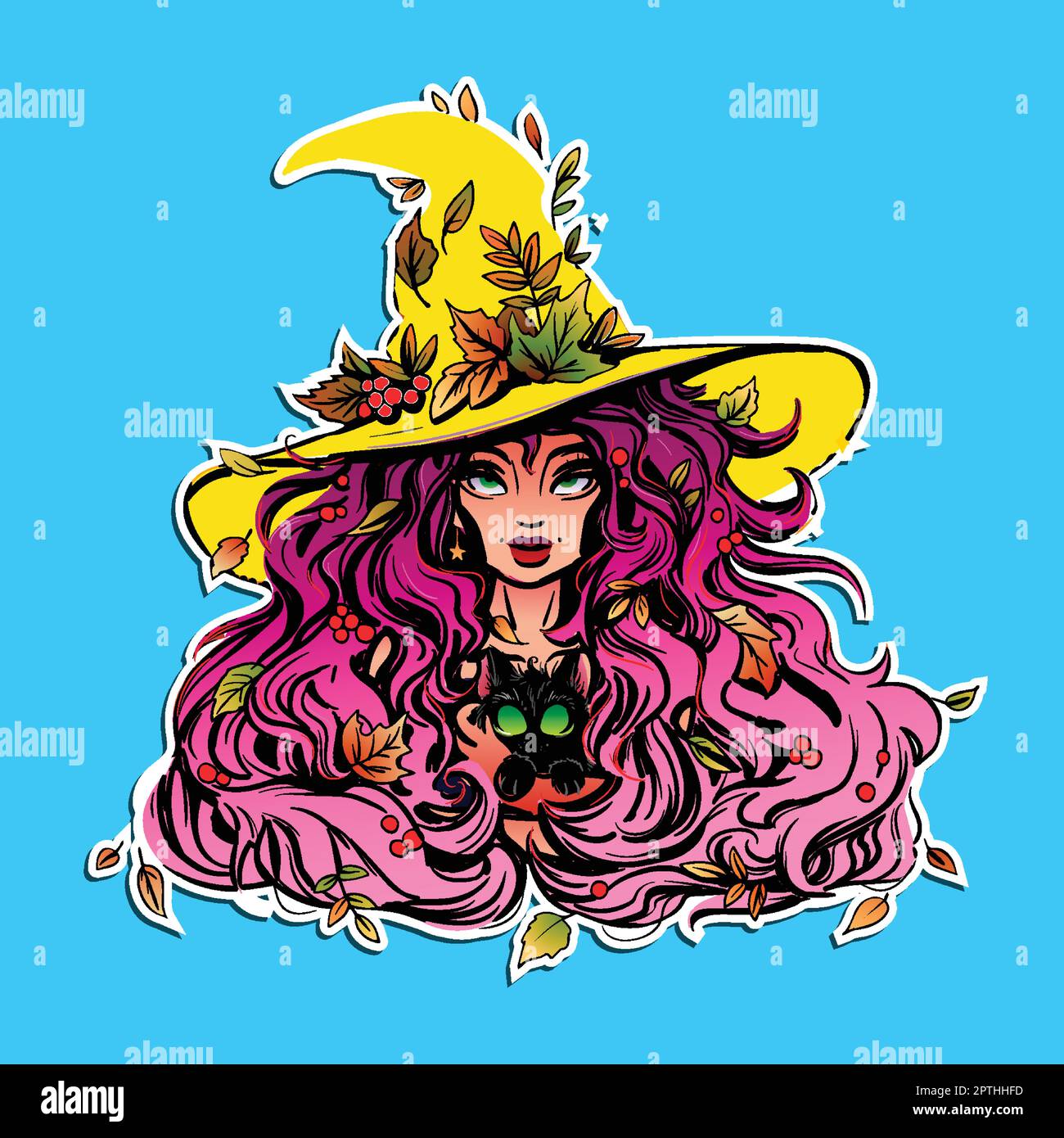bright and colorful drawing of a witch girl in a witch hat with a cat ...