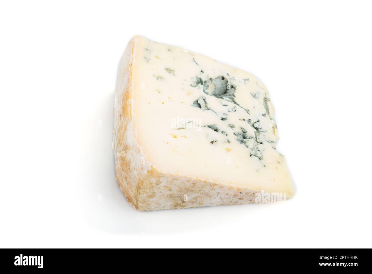 Piece of blue cheese isolated on white background. Side view, close up ...