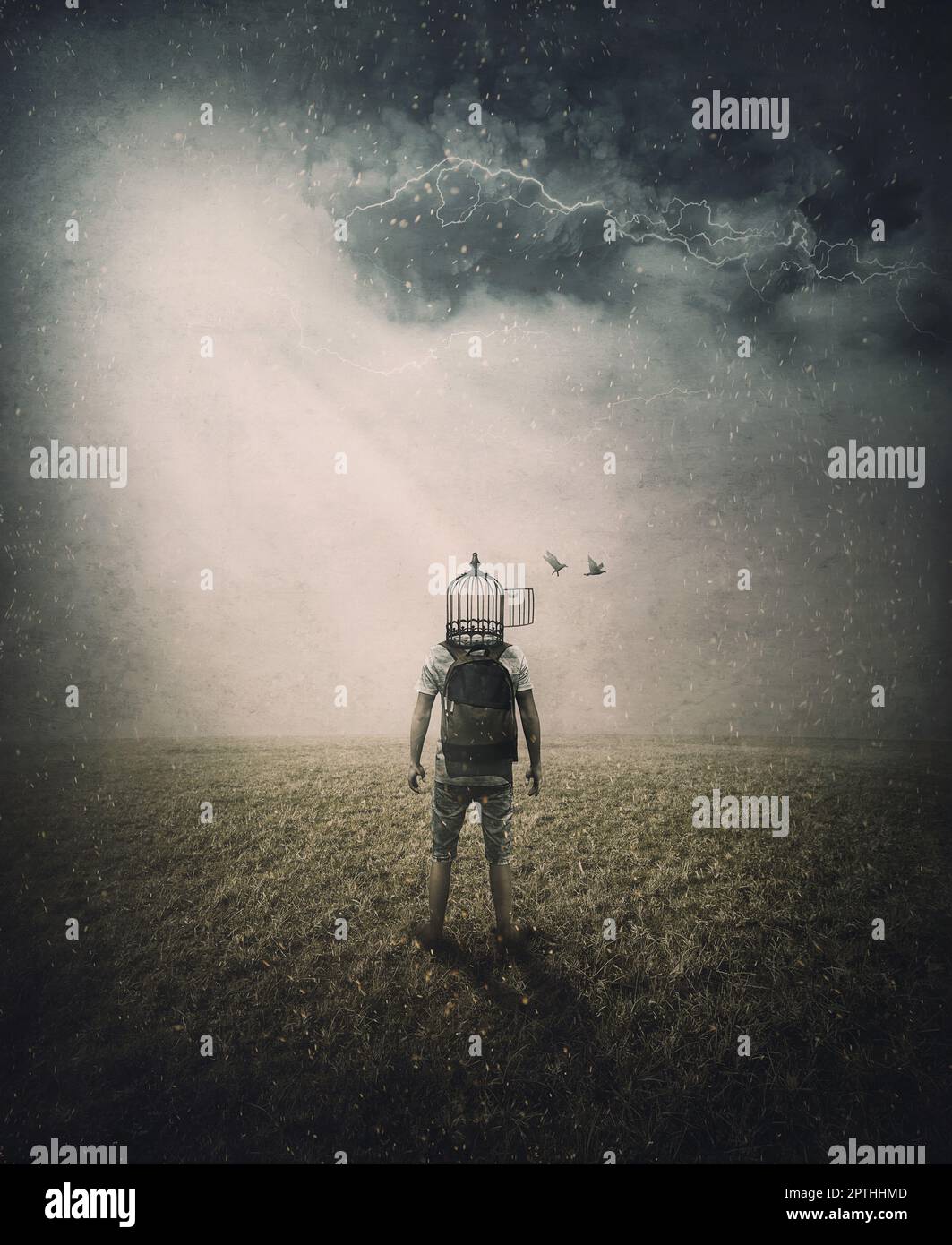 Surreal scene of a person with birdcage instead of head. The cell door ...