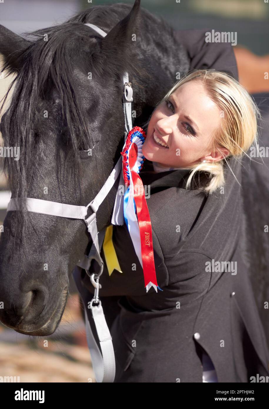 Winner, sports and portrait of woman and horse for equestrian ...