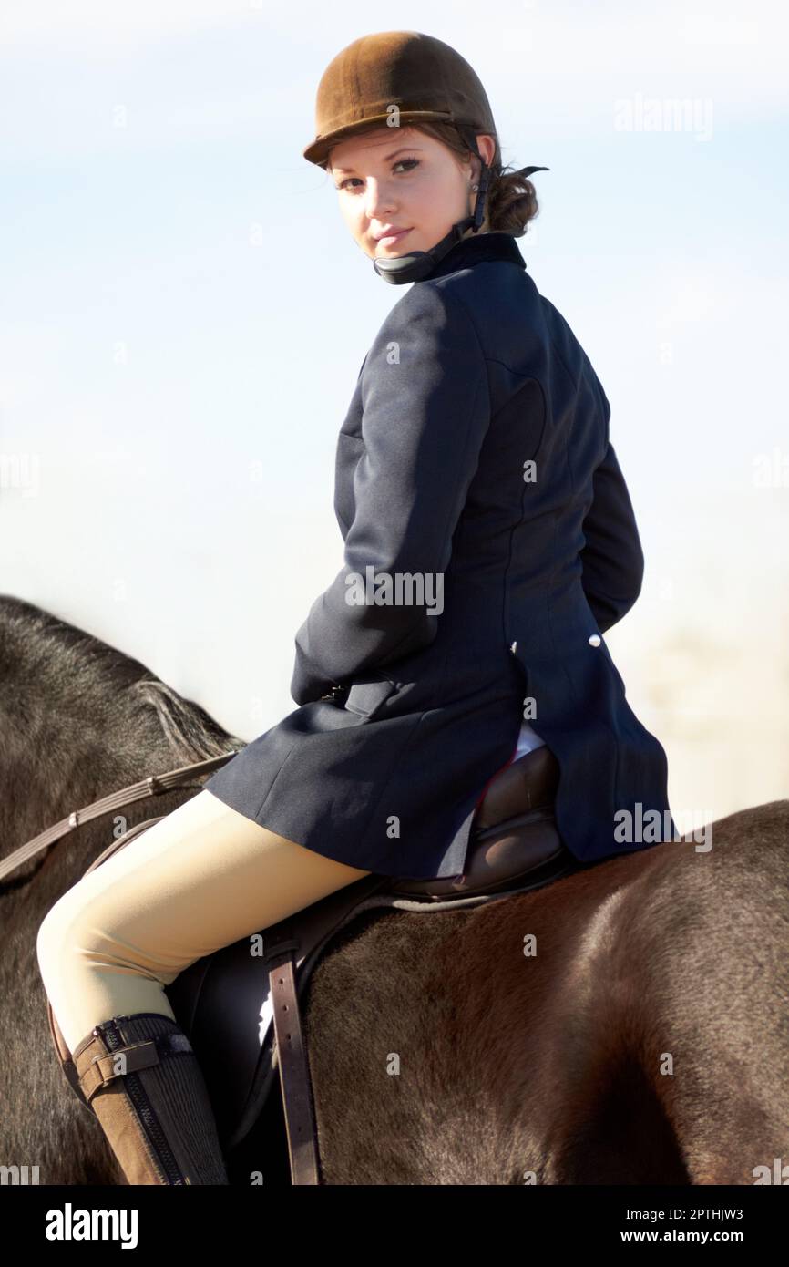 Equestrian, sports and portrait of woman on horse for competition ...