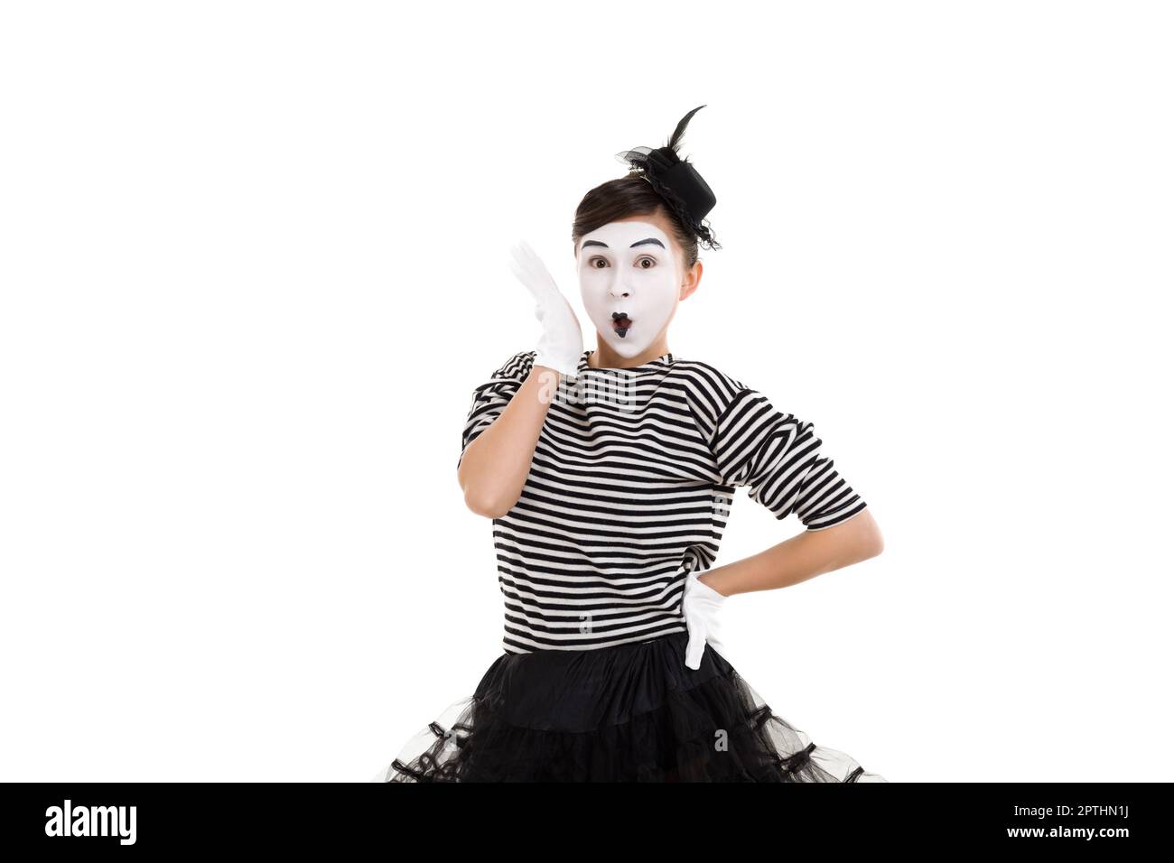 portrait of surprised mime woman artist looking at camera isolated on ...