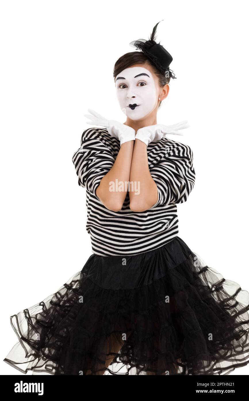 portrait of surprised mime woman artist looking at camera isolated on ...