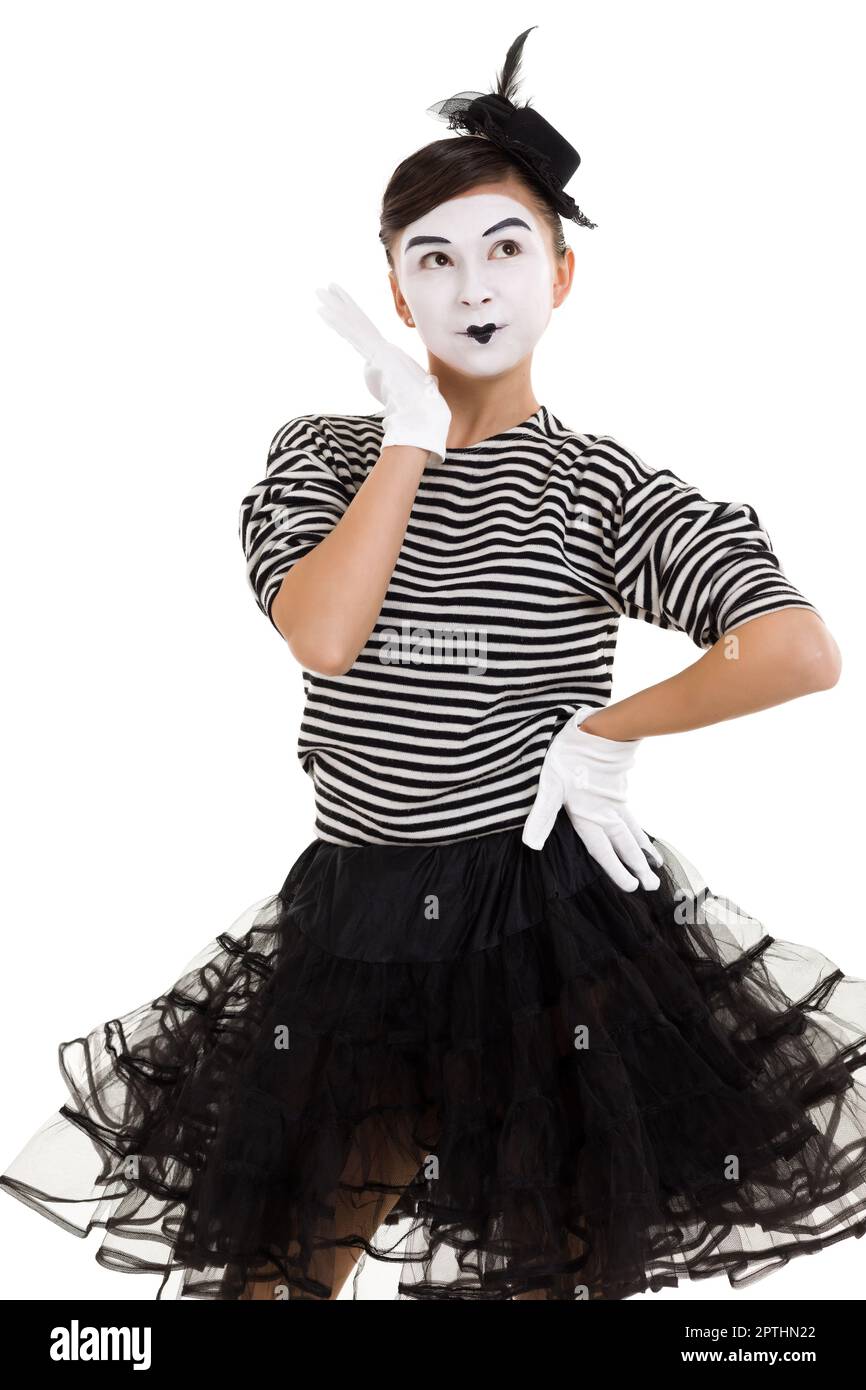 portrait of surprised mime woman artist looking at camera isolated on ...