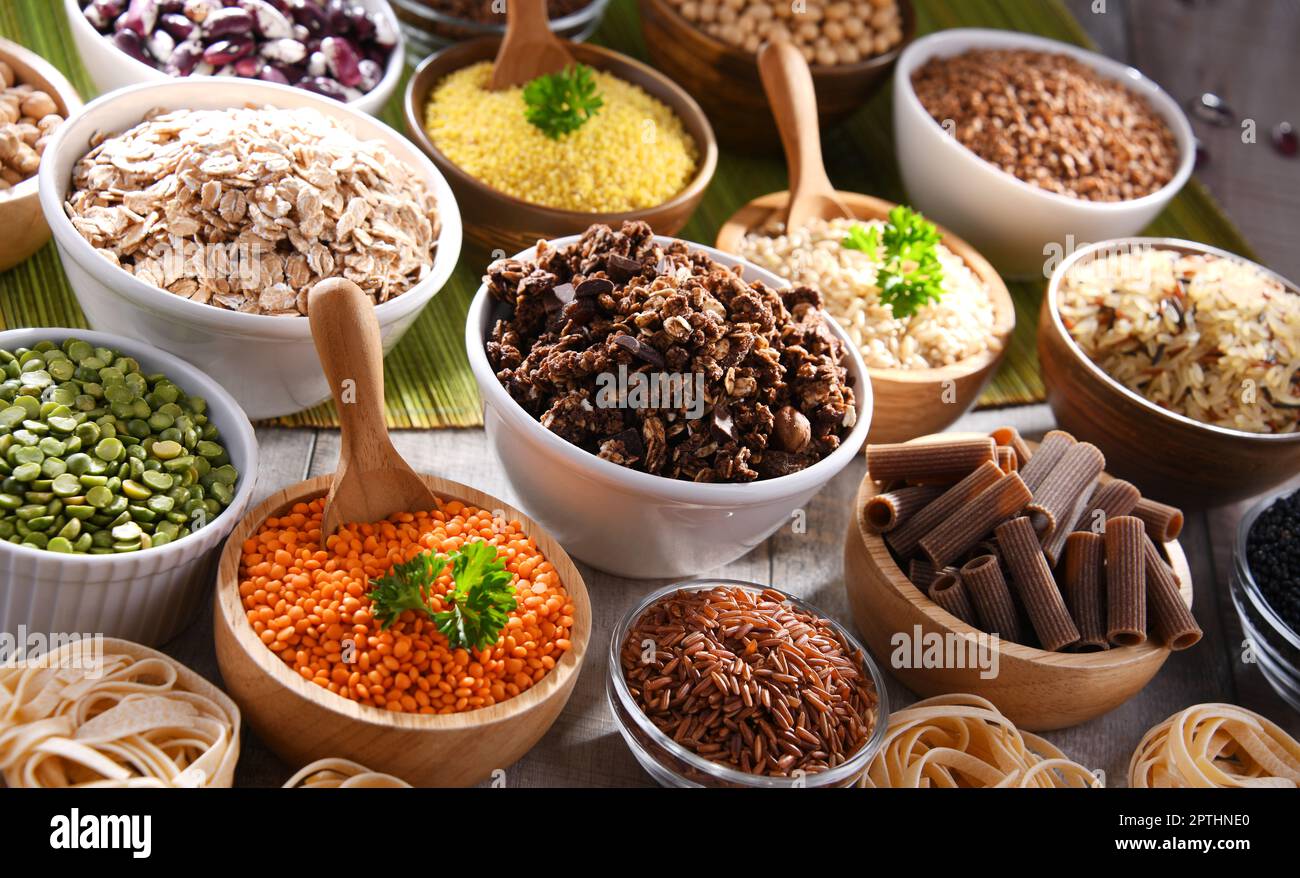 Composition with different kinds of dry food products Stock Photo - Alamy