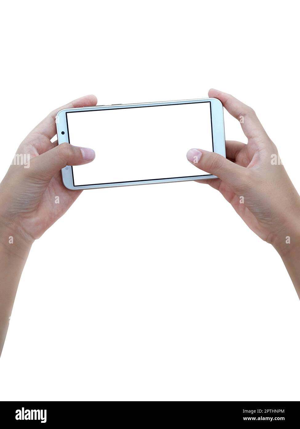 Two hands holding big screen smart phone, clipping path Stock Photo - Alamy