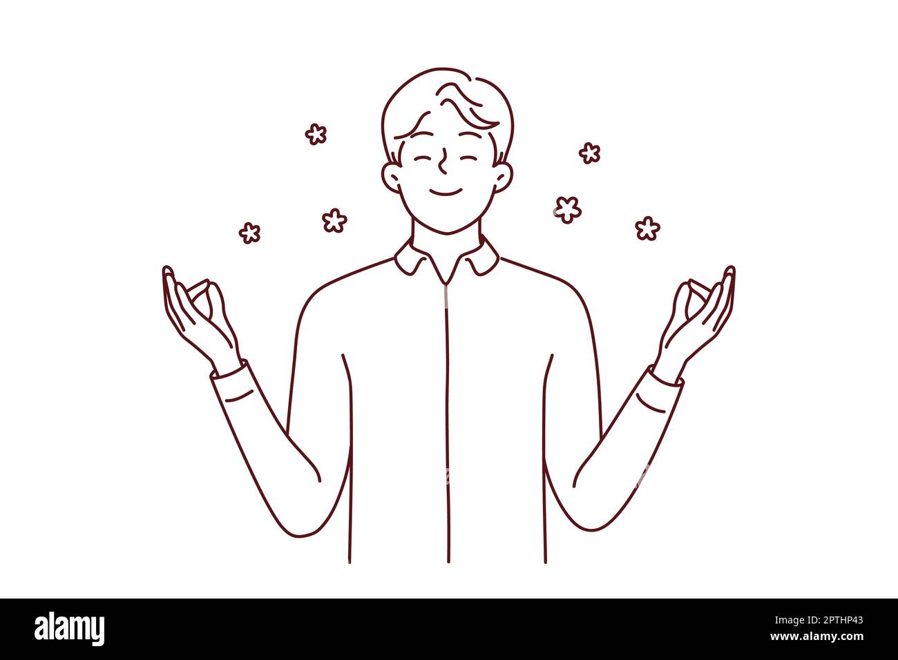 Happy young man with mudra hands meditate relieve negative emotions ...