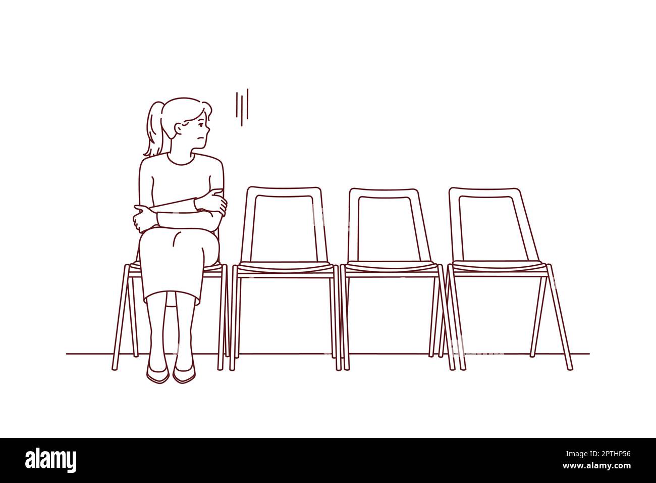 Anxious young woman sit on chair in corridor waiting or appointment ...