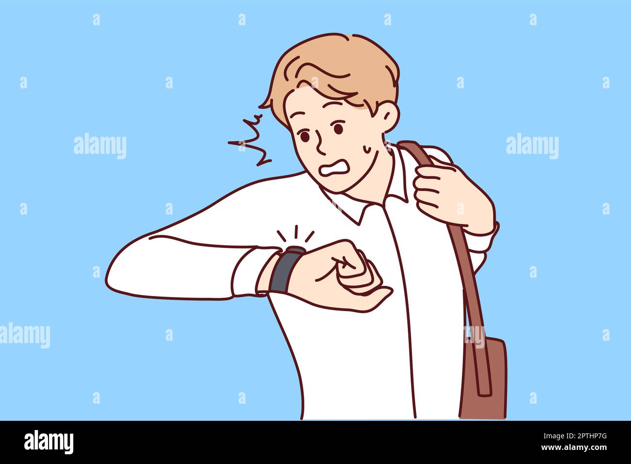 Stressed man look at wristwatch being late for work. Unhappy guy check ...