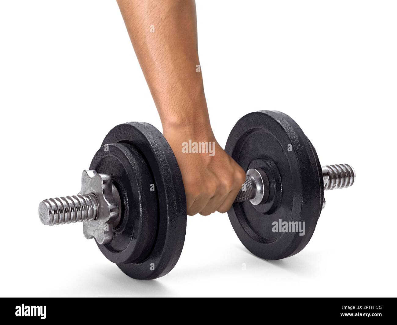 Hand holding dumbell on isolated white background Stock Photo - Alamy