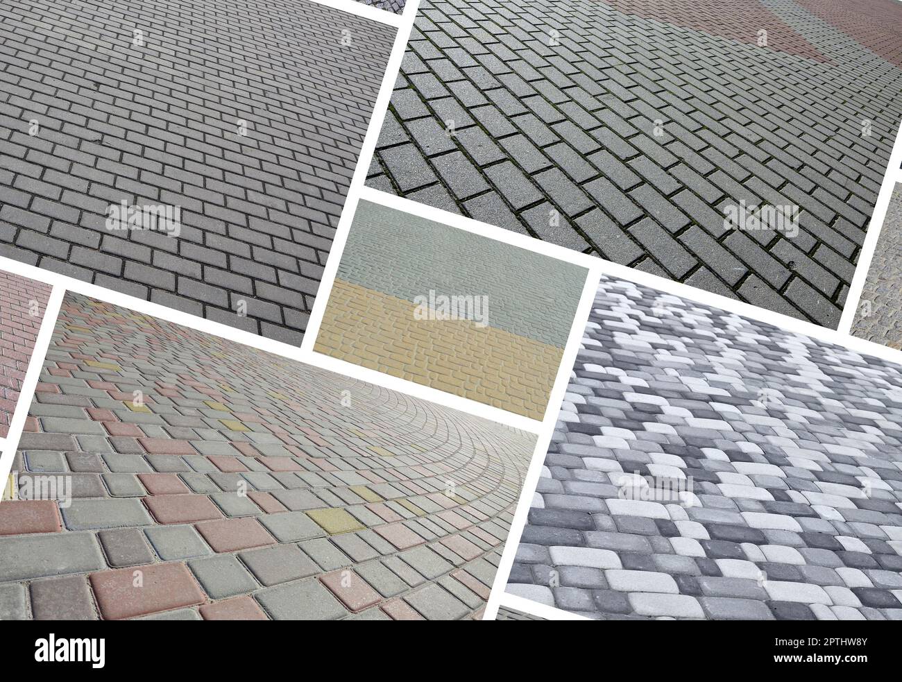 A collage of many pictures with fragments of paving tiles close-up. Set ...