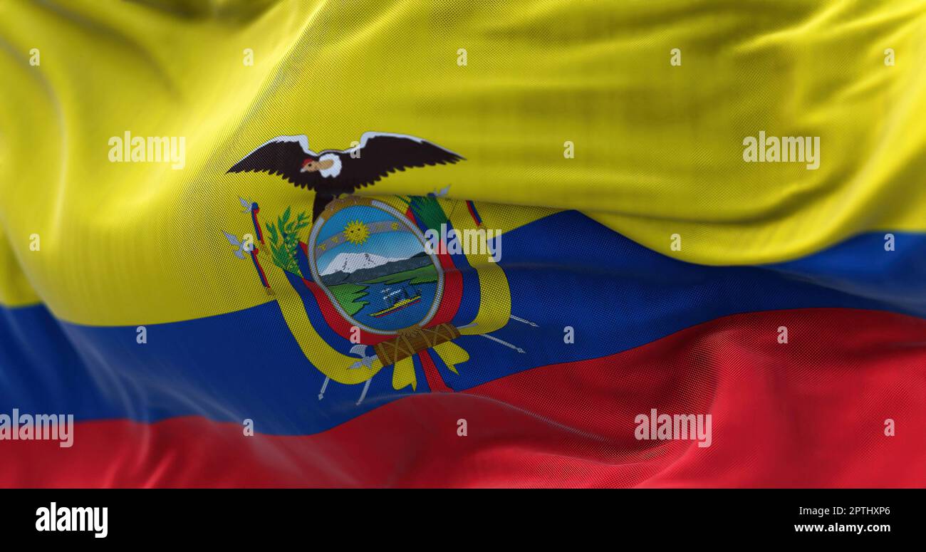 Close-up view of the Ecuador national flag waving in the wind. The ...