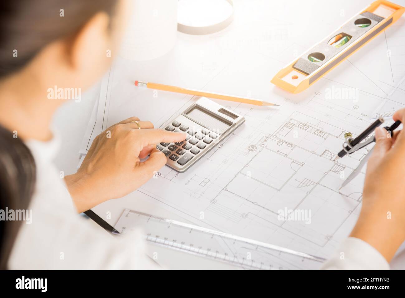 Architectural project workplace. Engineer sketching construction ...