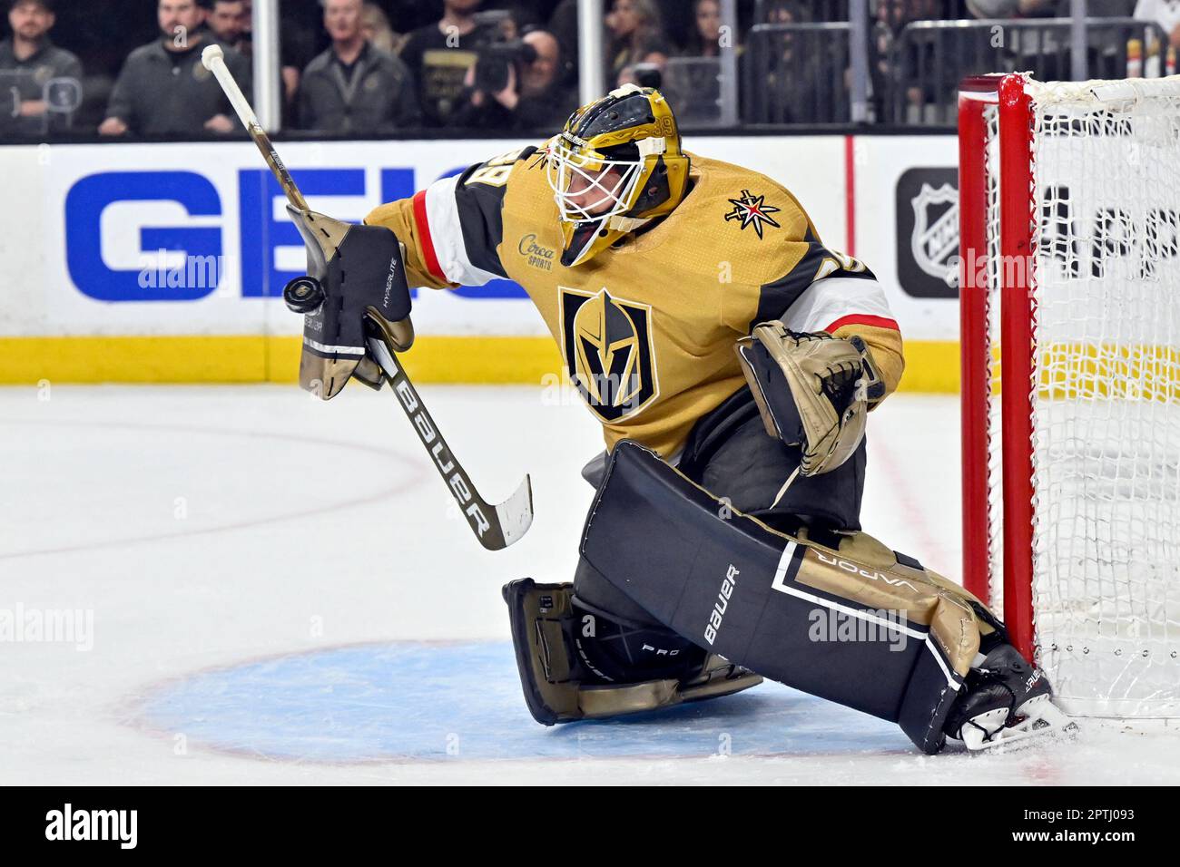 Vegas Golden Knights goaltender Laurent Brossoit makes a save against ...