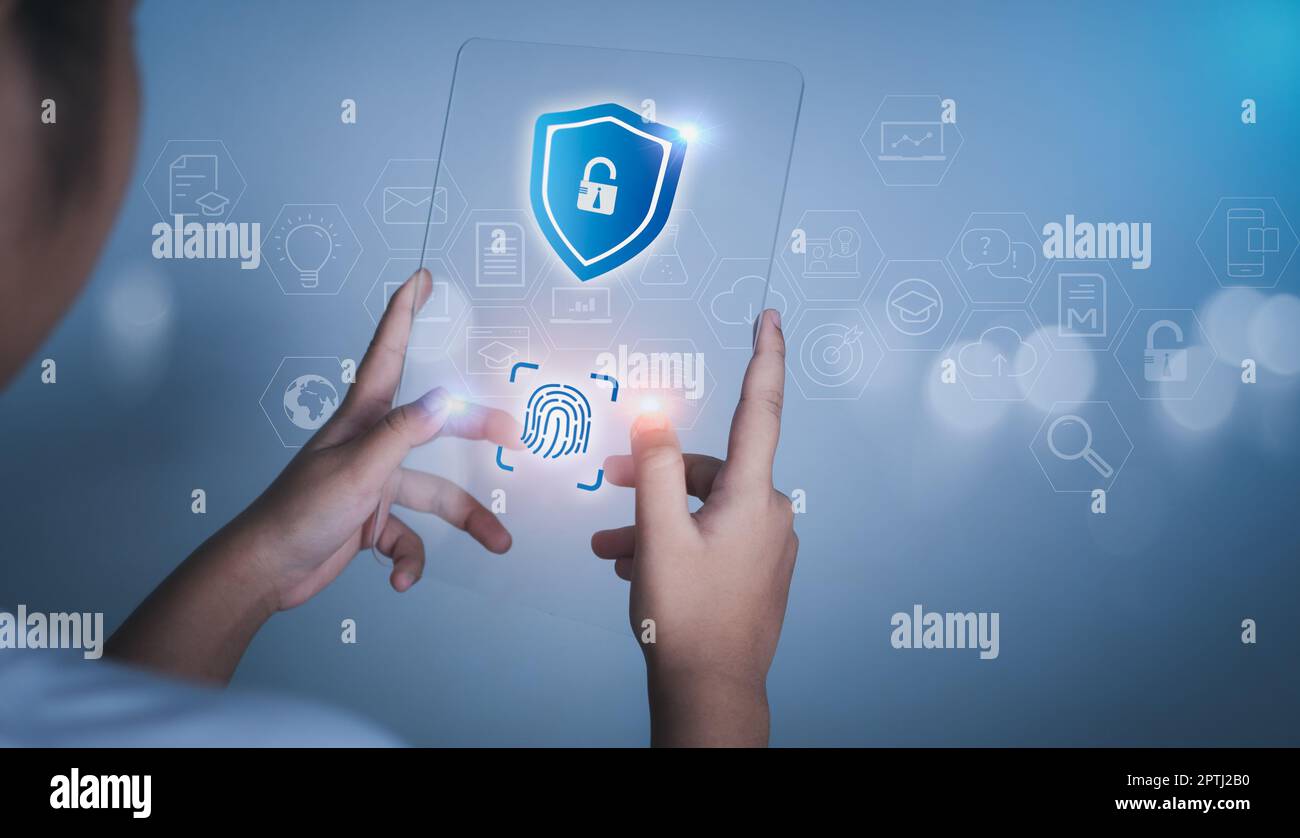 Woman holding phone tablet screen with protection icon. Represents ...