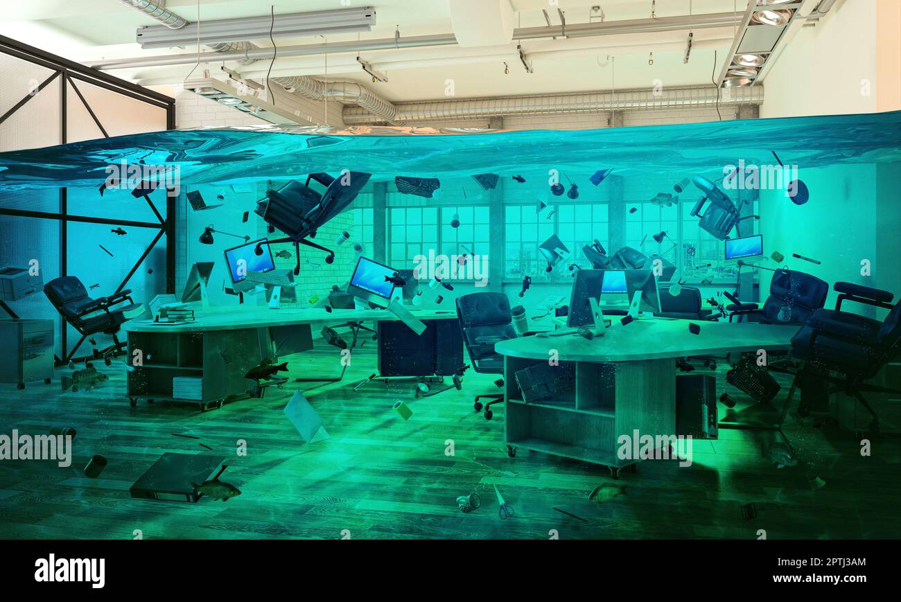 modern office totally flooded. nobody around. 3d render Stock Photo - Alamy