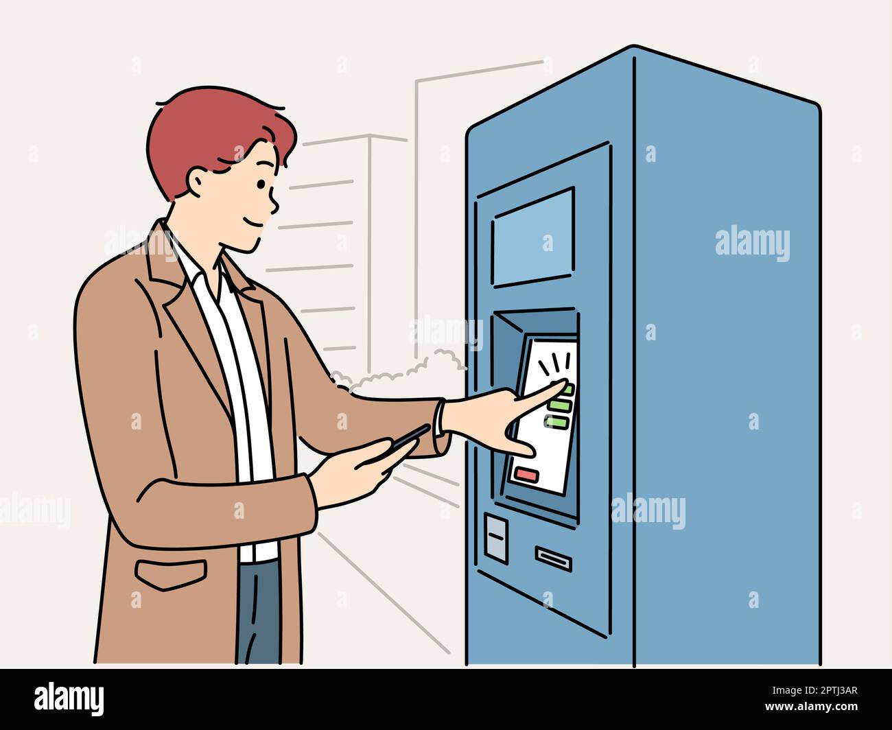 Young man buy ticket in machine at railway station. Smiling male press ...