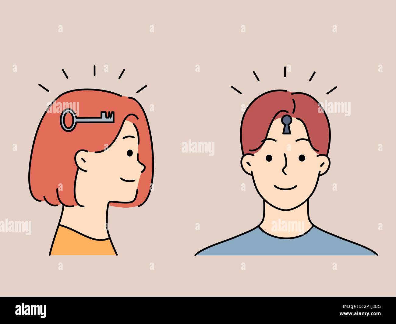 Woman with key in head and man with keyhole. People working together ...