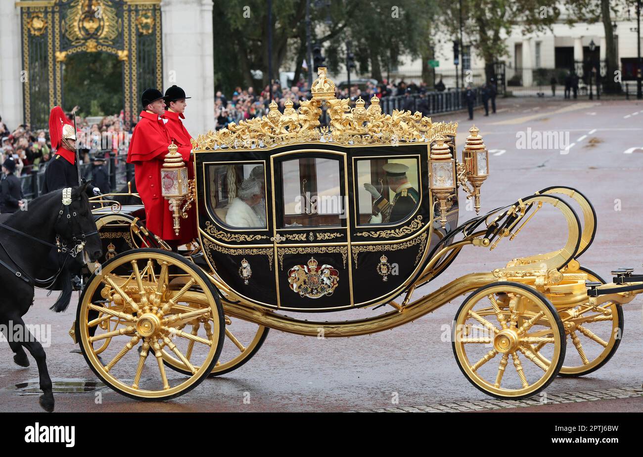 File photo dated 14/10/19 of Queen Elizabeth II, accompanied by the ...