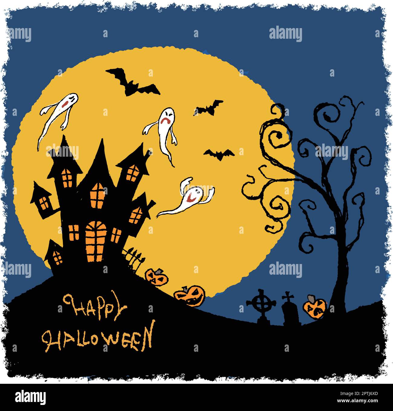 Hand drawn Halloween illustration of haunted house and full moon, bats ...