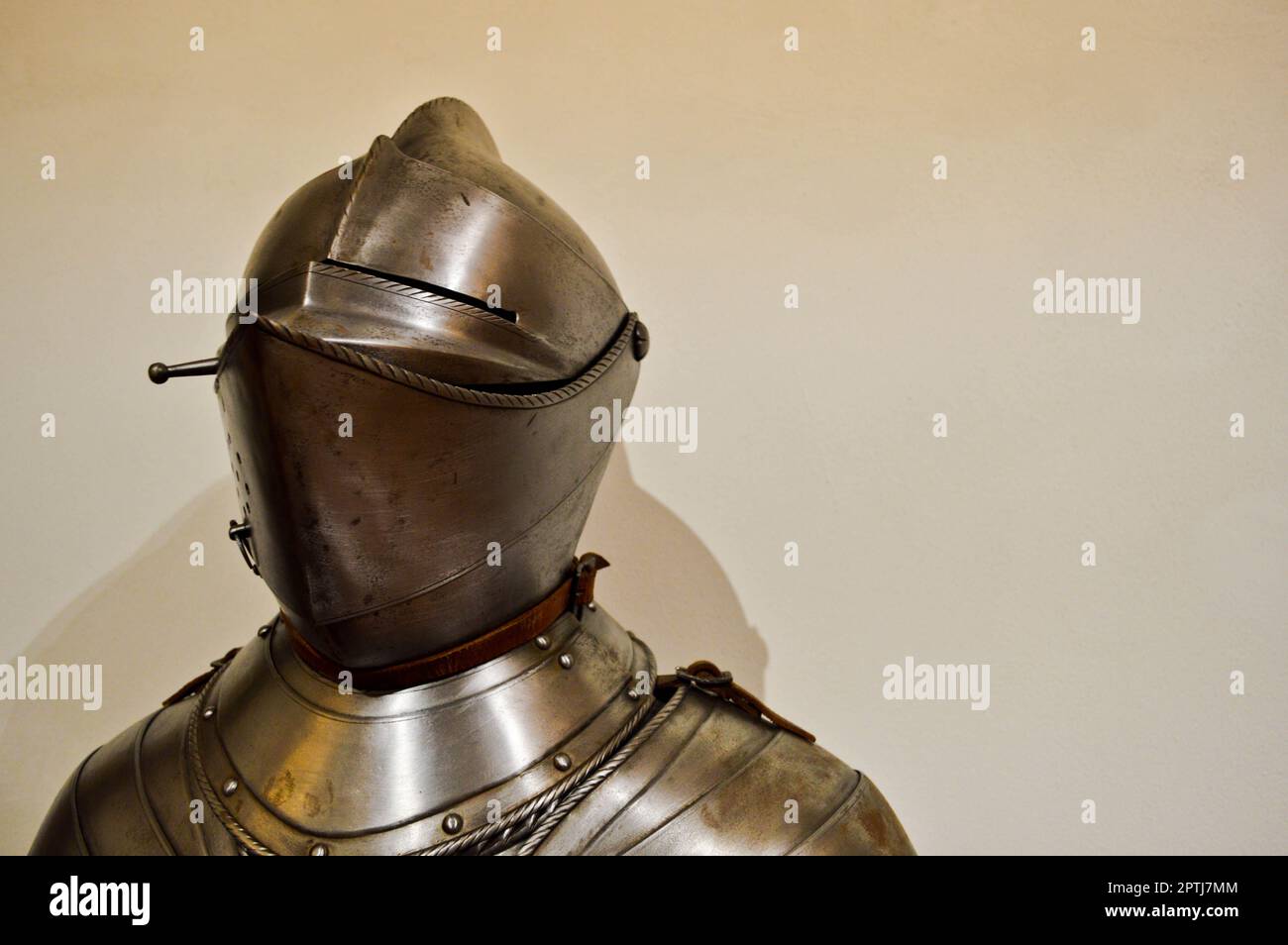 Medieval strong knight warrior chained in iron silvery strong metal ...