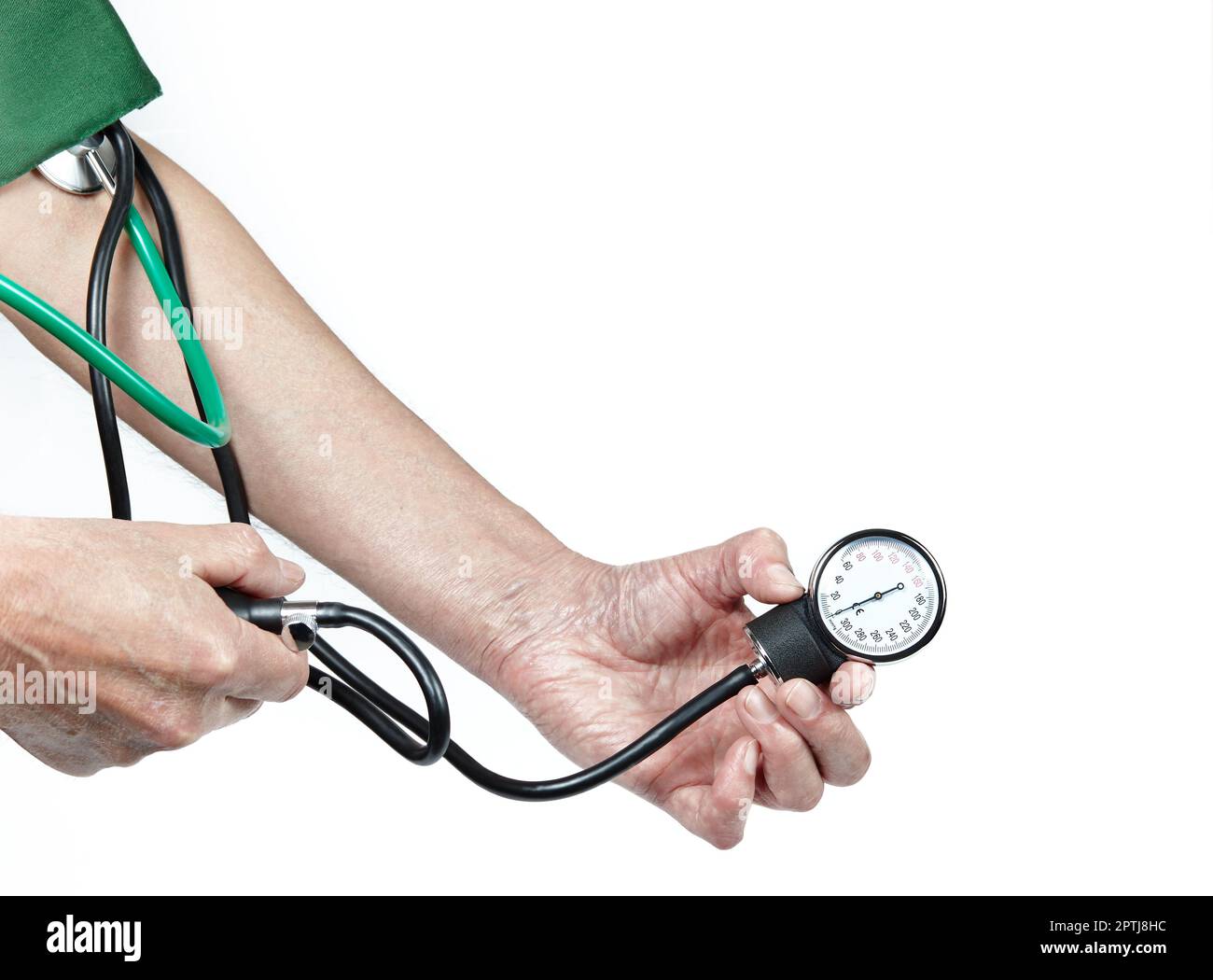 Man measuring blood pressure with tonometer herself isolated white ...
