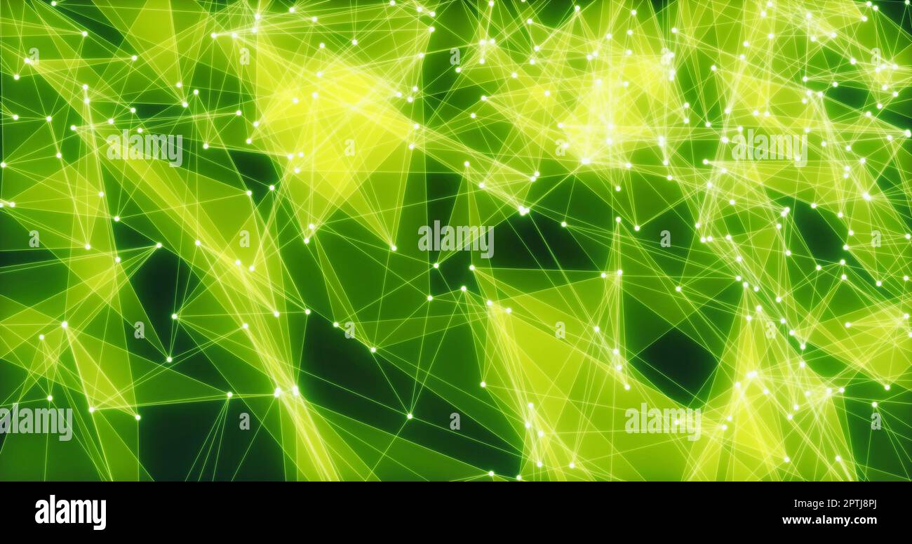Abstract background of shiny green glass triangles with lines and dots ...