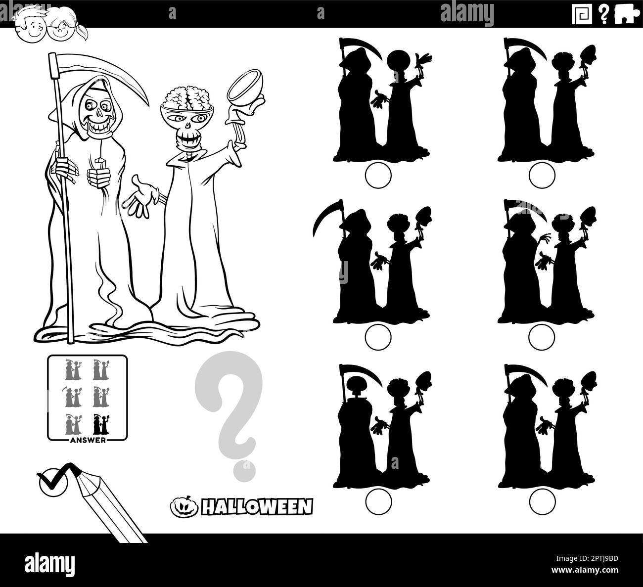 shadows game with cartoon grim reaper coloring page Stock Vector Image ...