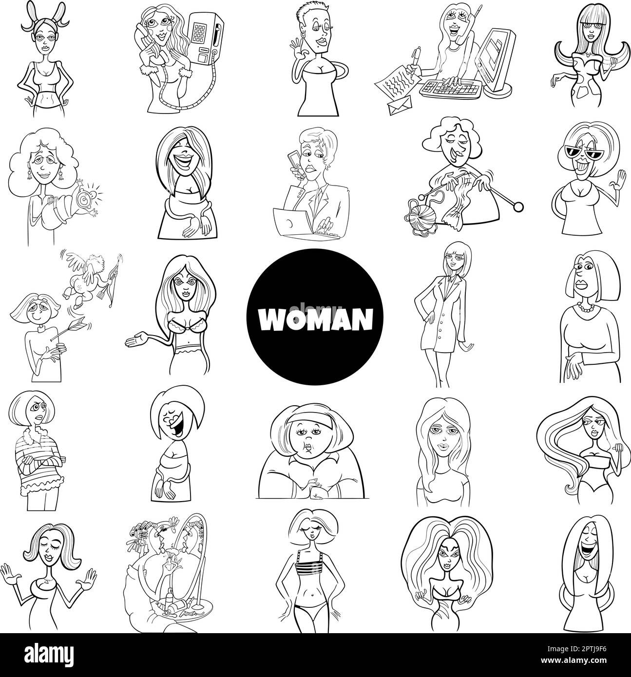 black and white cartoon women and girls characters big set Stock Vector ...
