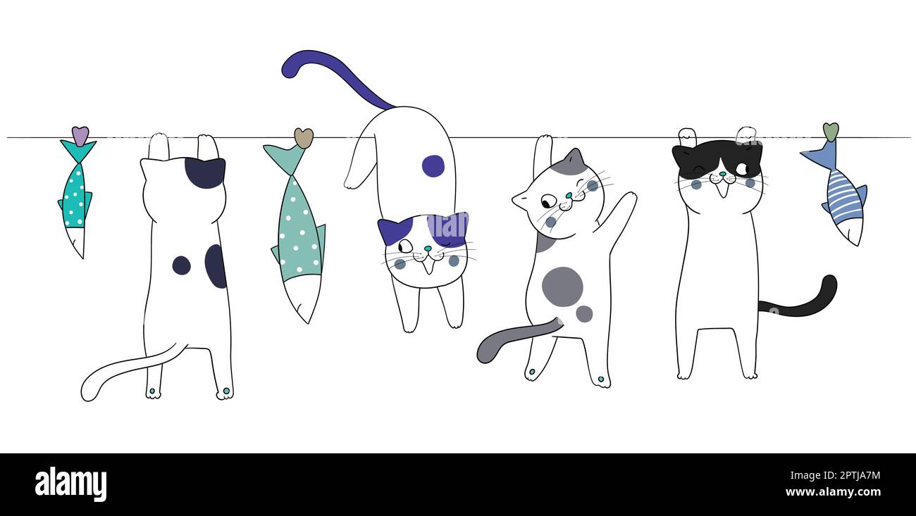 Cats are hanging on a rope. Fish on a string. Cute animal cats cartoon ...