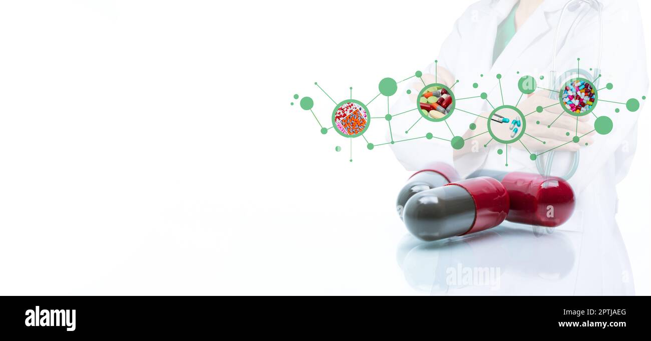 Antibiotic drugs and a doctor in background. Prescription drugs ...