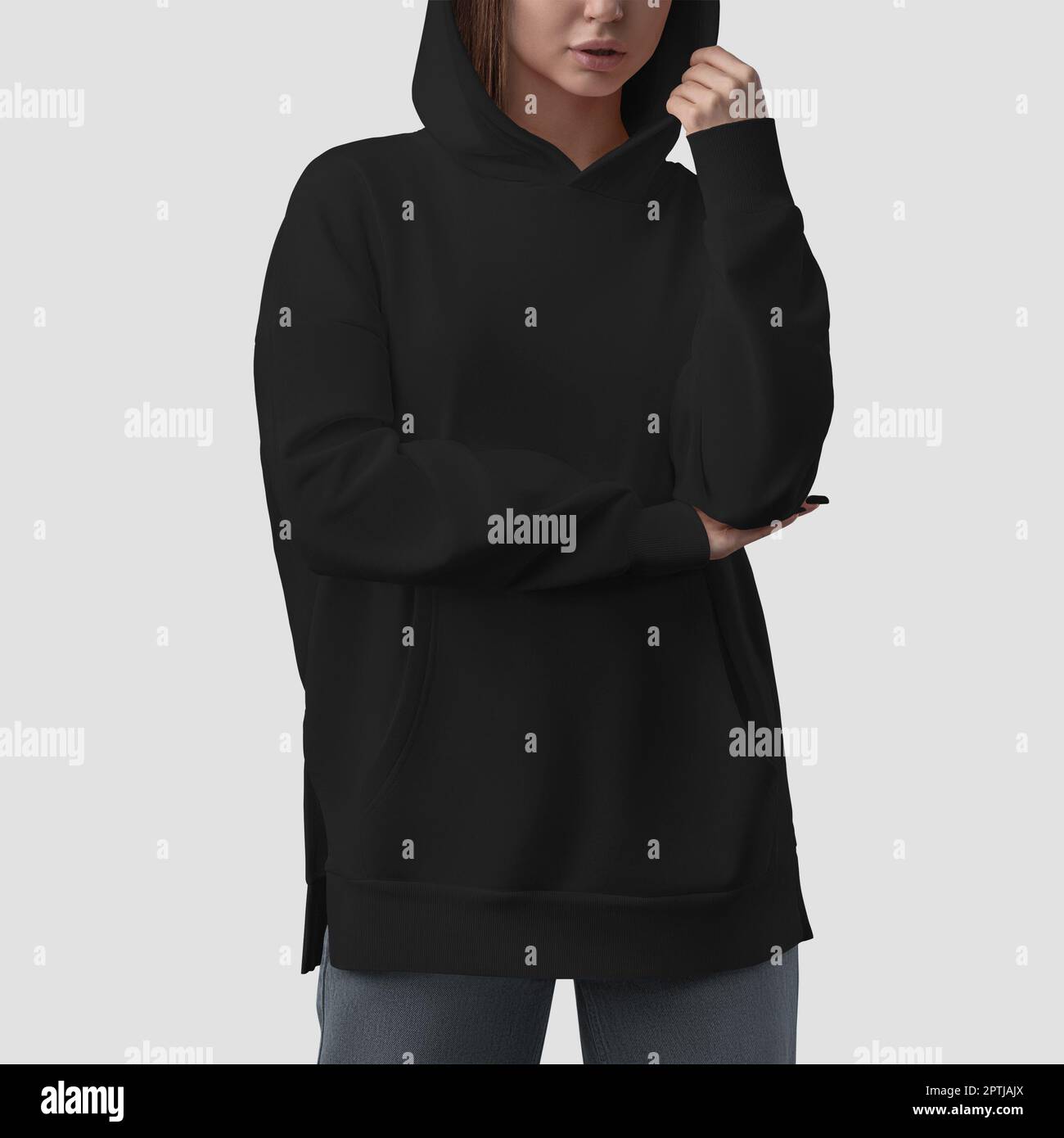 Quality black hoodie template on a beautiful girl in a hood, empty ...
