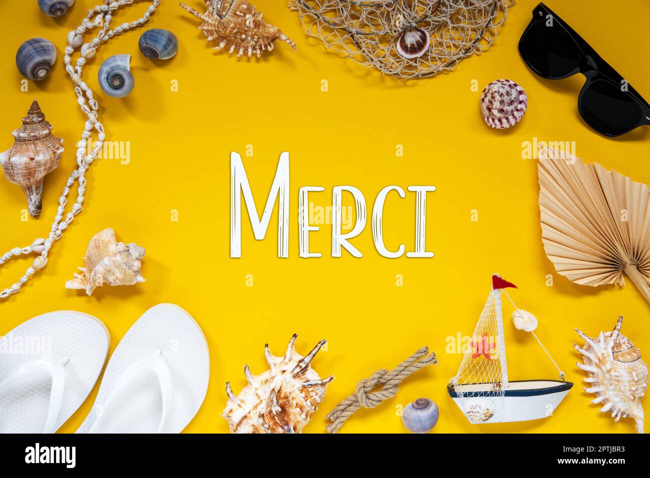 Yellow Summer Flat Lay With Accessories, Text Merci Means Thank You ...