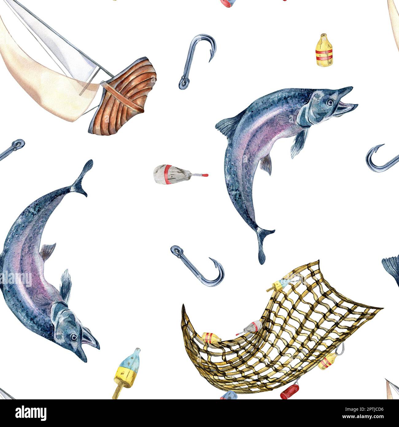 Seamless pattern of sea fish and sail boat watercolor illustration ...