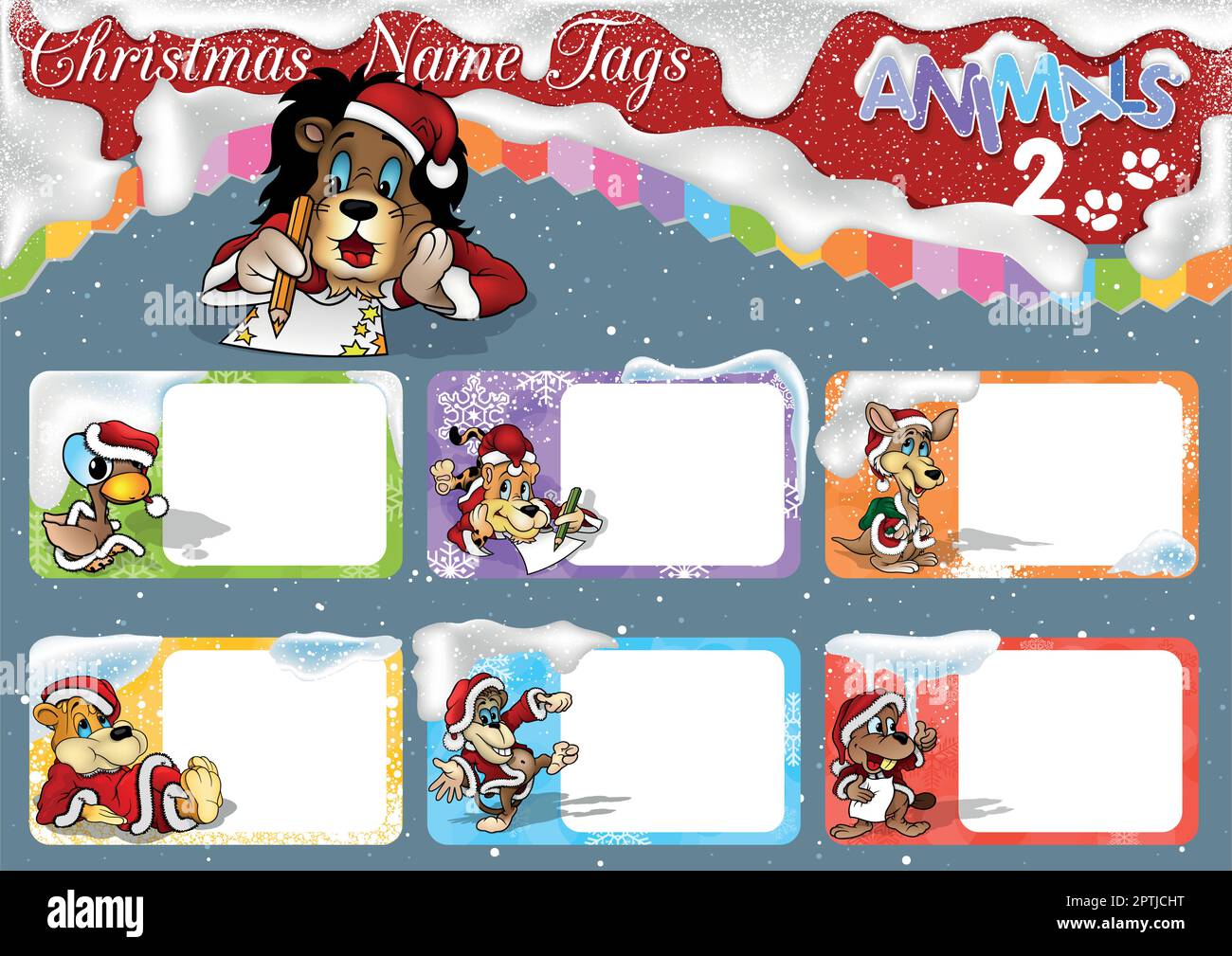 Set of Christmas Name Tags with Cute Animals in Santa Claus Costume ...