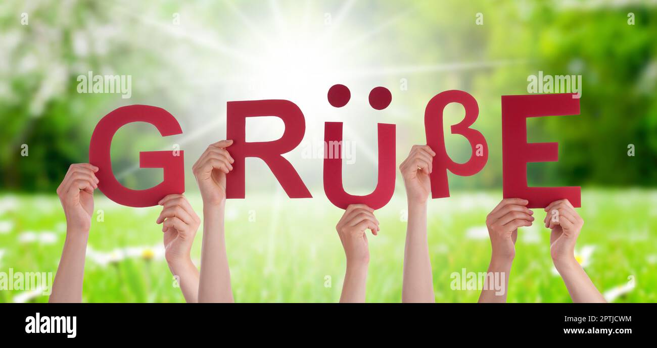 People Hands Building Word Gruesse Means Greetings, Grass Meadow Stock ...