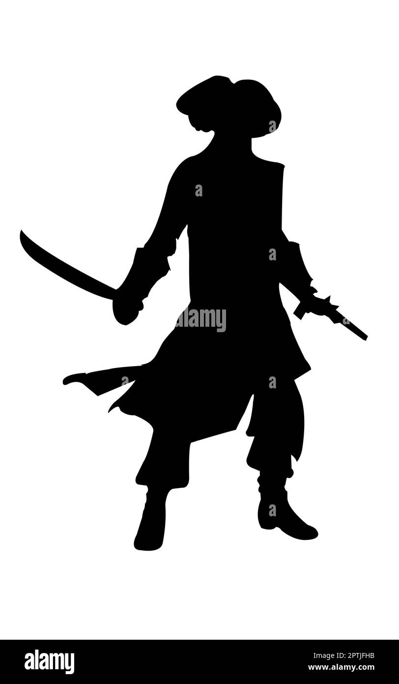 Pirate silhouette with sword, hat and coat Stock Photo - Alamy