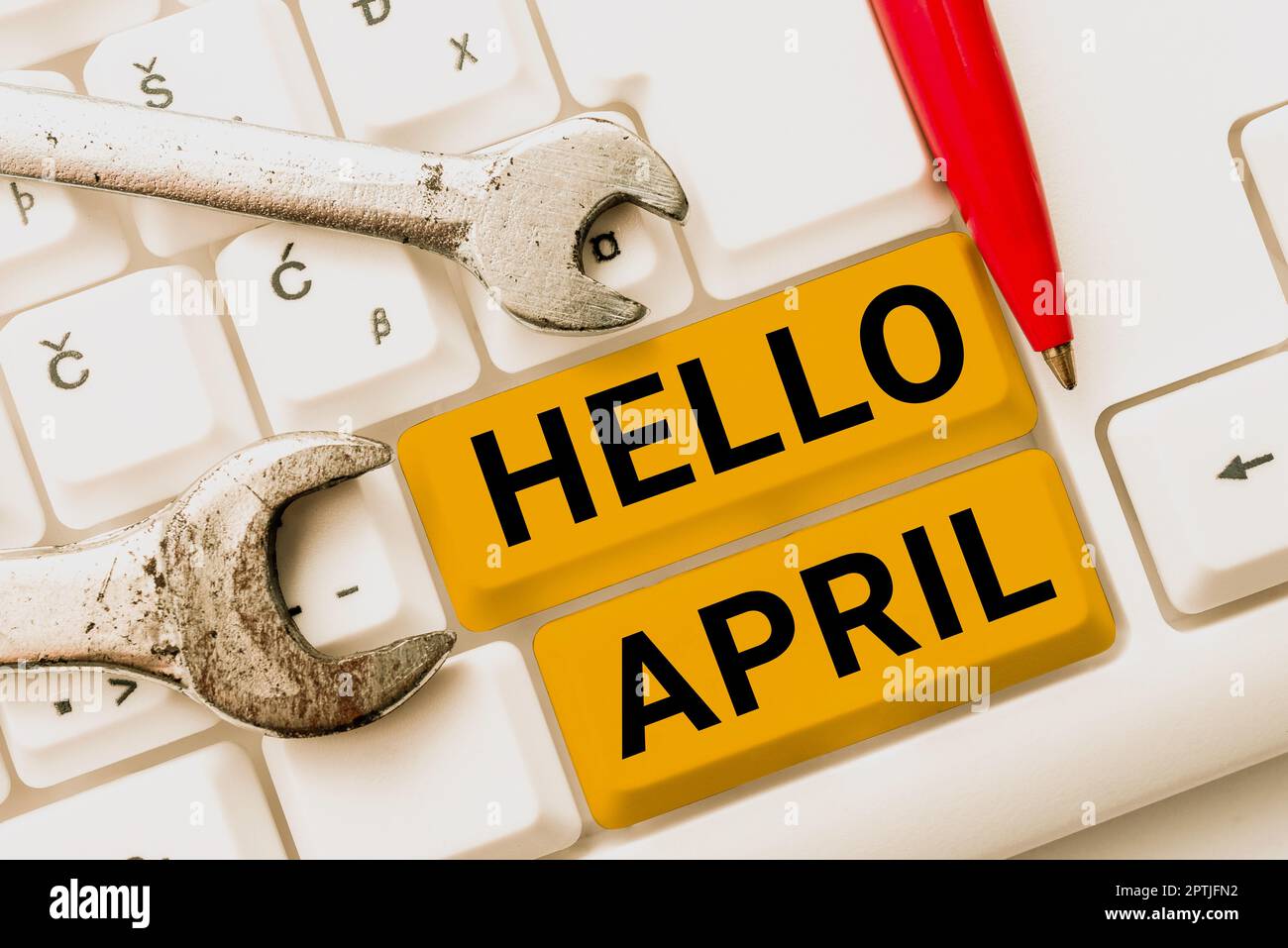 Sign displaying Hello April, Conceptual photo a greeting expression ...