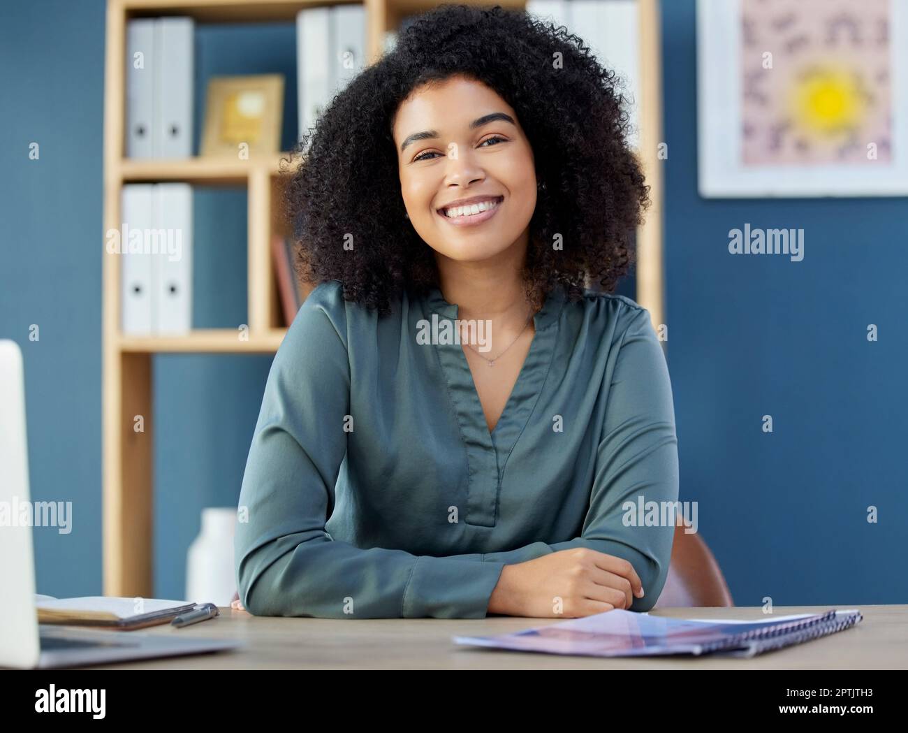 Black woman afro, portrait smile and management with vision, ambition ...