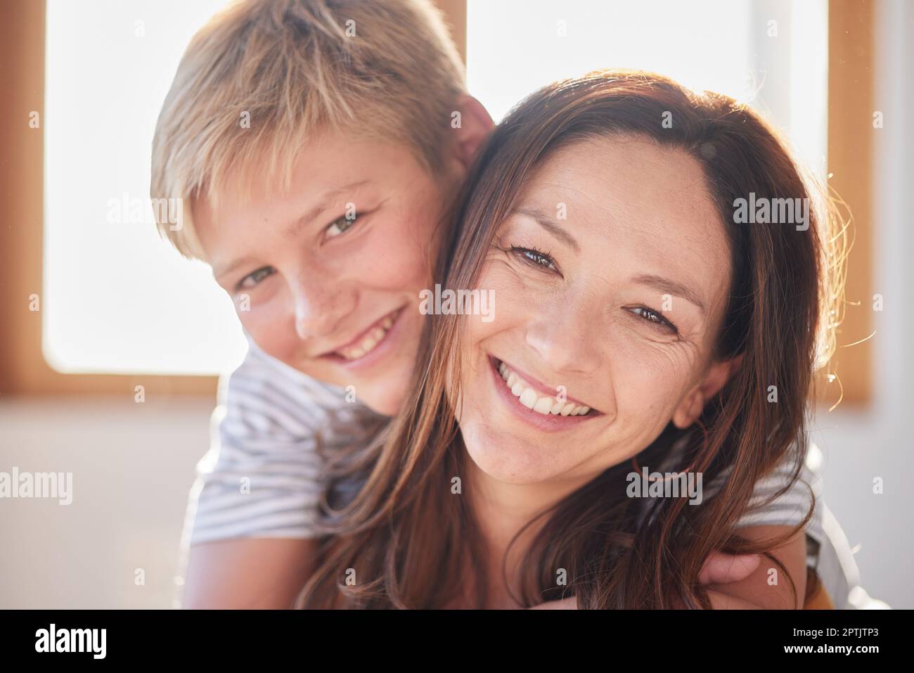 Happy, portrait and smile with mother and child for bonding, support ...