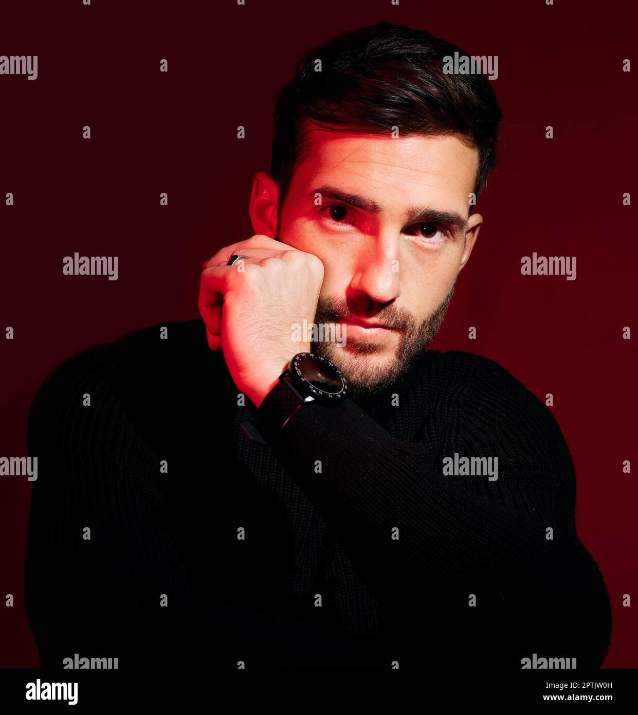 Fashion, red and neon portrait of man with creative lighting, dark ...