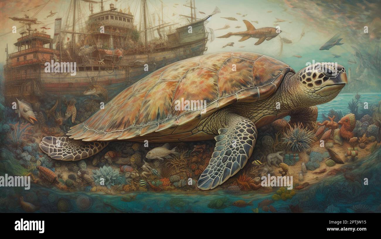 Timeless Encounters Turtle amidst a Sunken Ship Stock Photo - Alamy