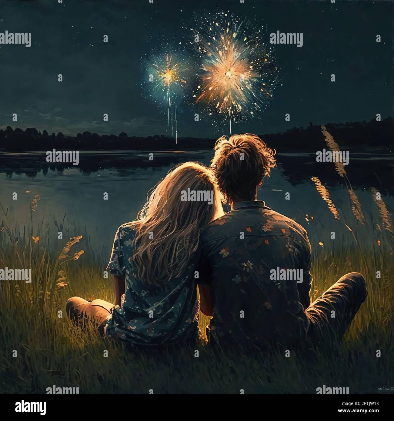 Fireworks of Love Couple Watching the Spectacle Stock Photo - Alamy