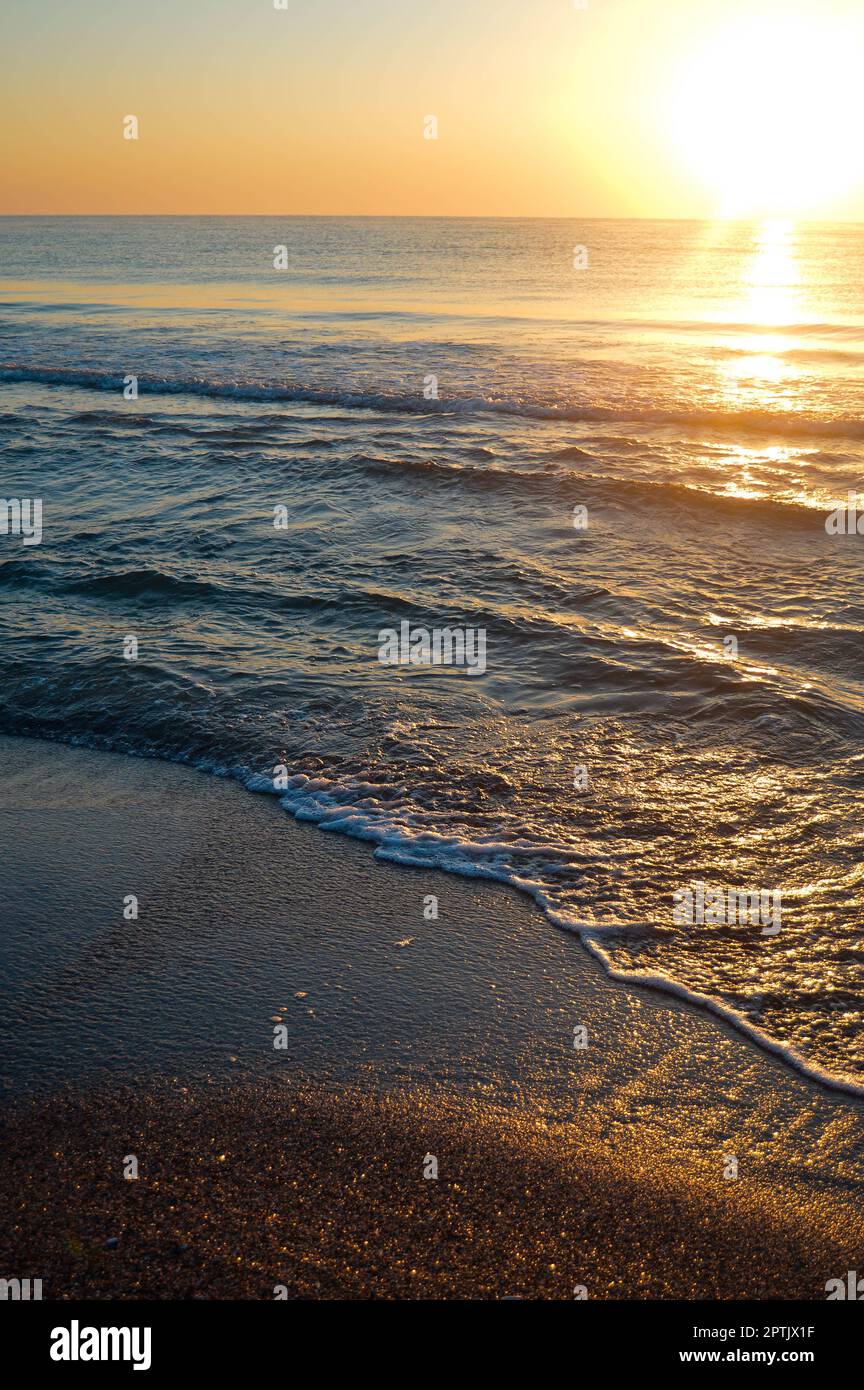 Beautiful summer landscape, sunset at the beach, sparkly sand and waves ...