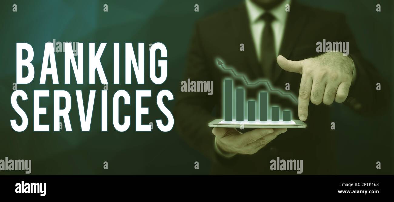 Hand writing sign Banking Services, Concept meaning tools for managing ...