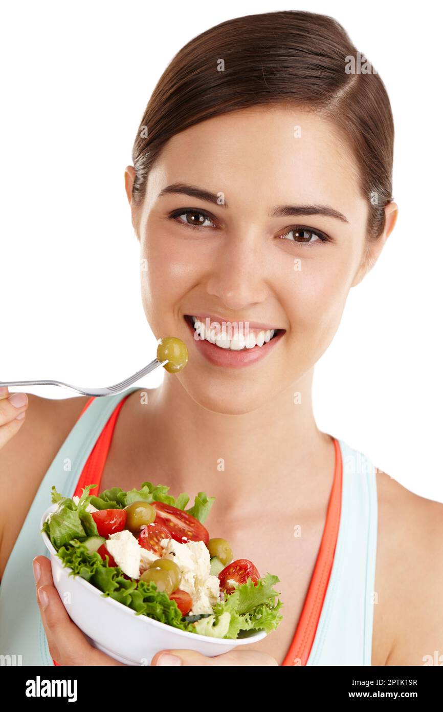 Eat clean, train dirty. Woman against white background ready to eat ...