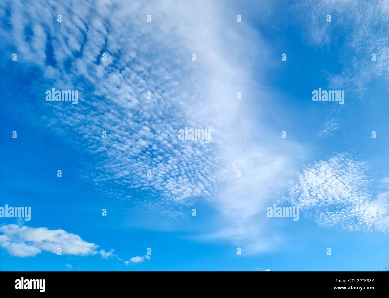 Stunning cirrus cloud formation panorama in a deep blue summer sky seen ...