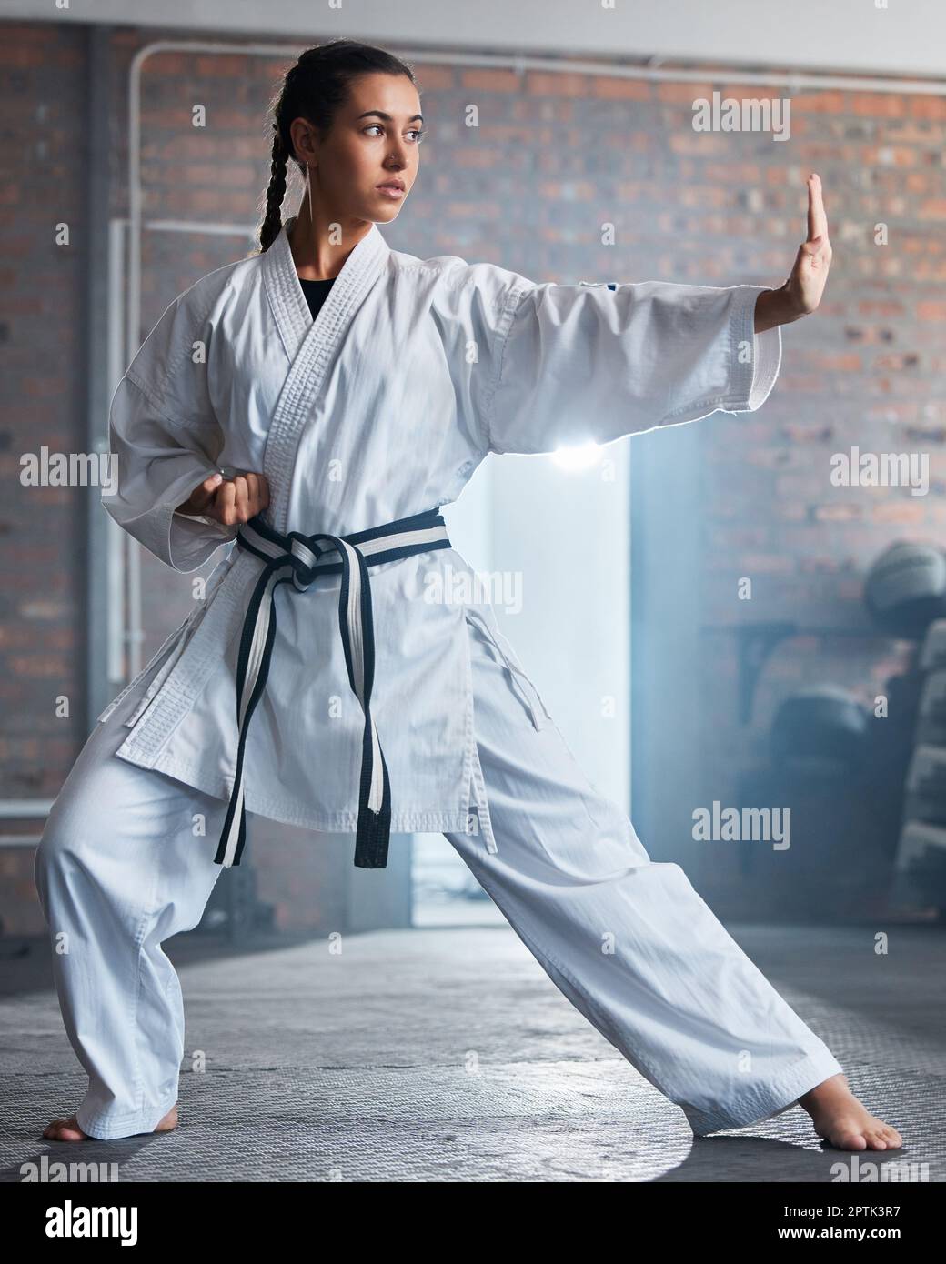 Karate training, fitness and woman in gym, healthcare motivation and strong focus for fight ...
