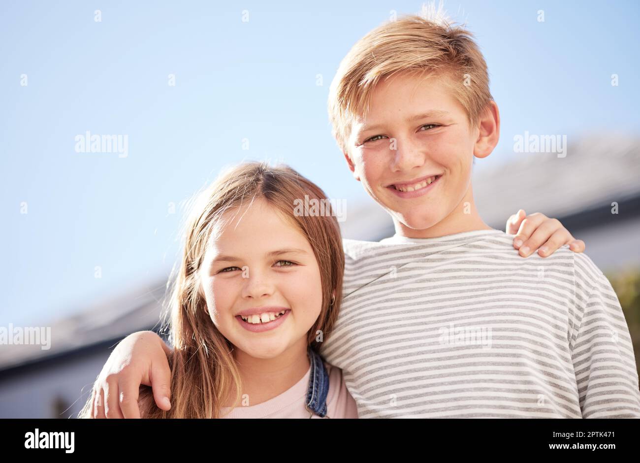 Happy, smile and portrait of children siblings bonding outdoor in a ...